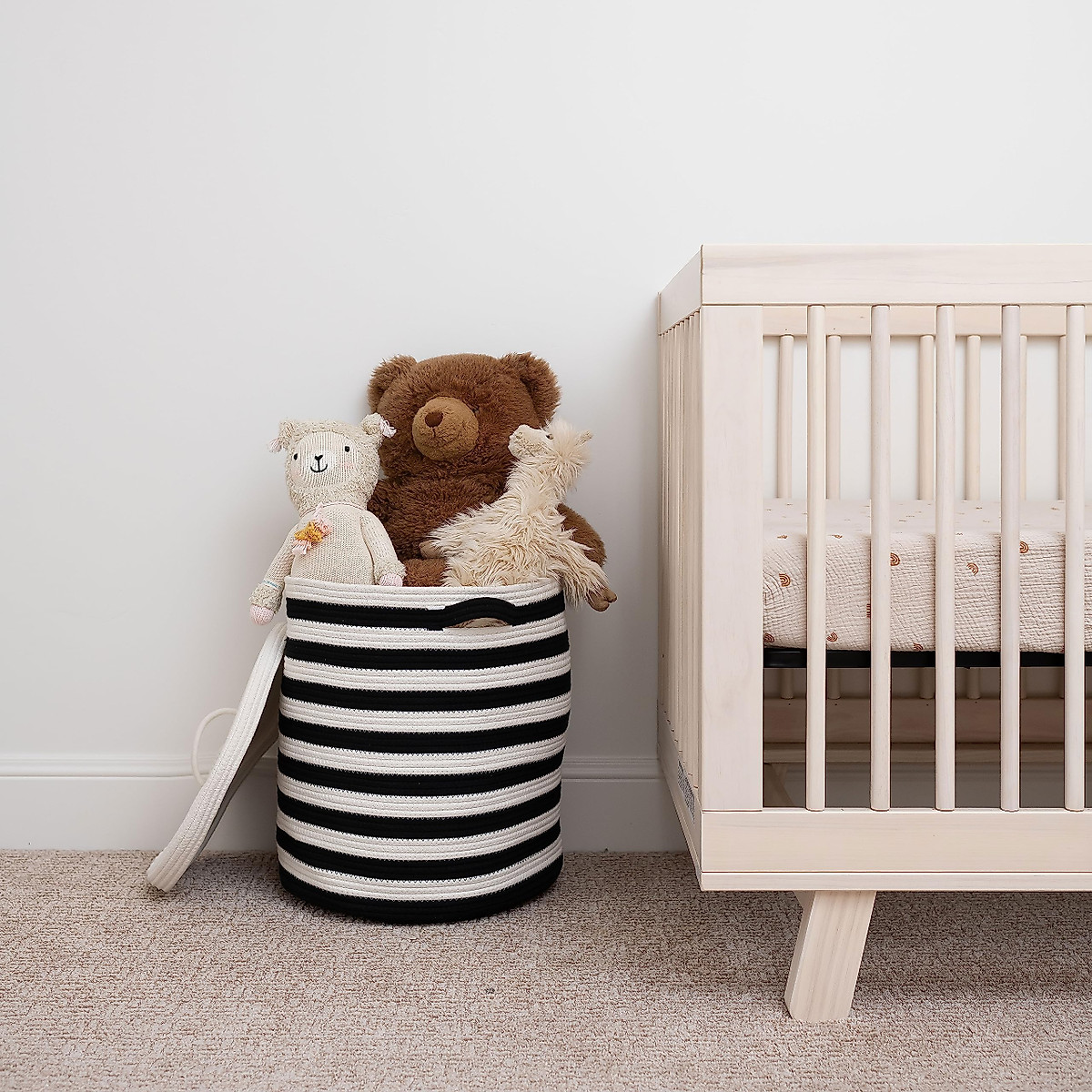 17 x 16in Large Striped Cotton Blanket Basket with Lid - Perfect for Toy Storage, Clothes Hamper, & Laundry Basket, Woven Baskets for Nursery Decor and Baskets for Organizing, Black and White