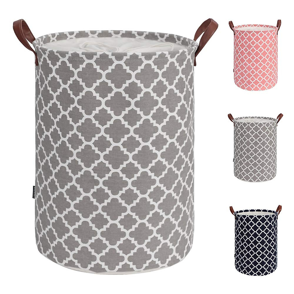 TOTANKI 60L Large Laundry Basket with Durable Leather Handle, Thickened Drawstring Round Collapsible Laundry Hamper, Dirty Clothes Storage Basket for Bedroom, Bathroom, College Dorm (Grey, L)