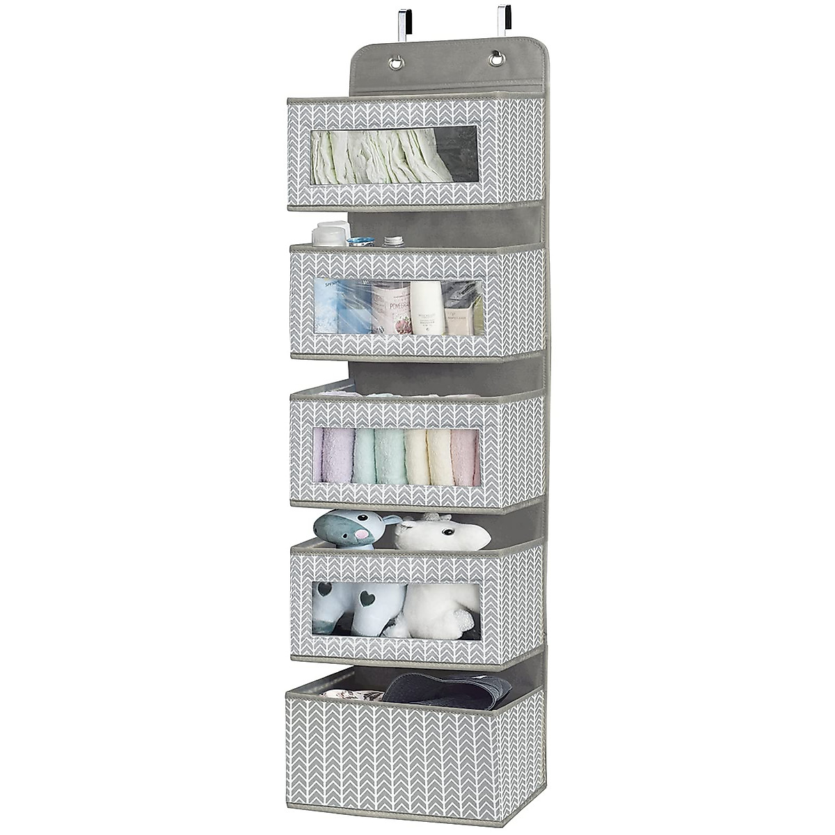 2 Pack Over the Door Hanging Organizer with 5 Large Pockets - Wall Mount Pantry Storage with Clear PVC Window & 2 Big Metal Hooks for Closet,Bathroom,Nursery,Bedroom,Dorm,Baby Diapers,Kids Toys