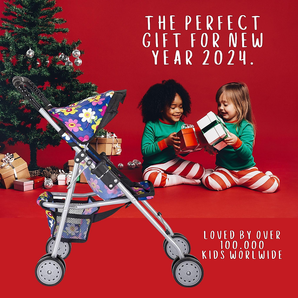 fash n kolor® - Doll Stroller My First Baby Doll Strollers Toy - Flower Design with Basket in The Bottom- Doll Accessories 2 Free Magic Bottles Included - New Year Gift, Boys, Girls