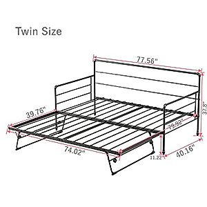 FULLJOJOR Daybed with Pop Up Trundle, Metal Daybed with Trundle & Pull-Out Trundle Set with Lockable Casters, Twin Platform Bed Sofa Bed for Living Room, Guest Room, No Box Spring Needed