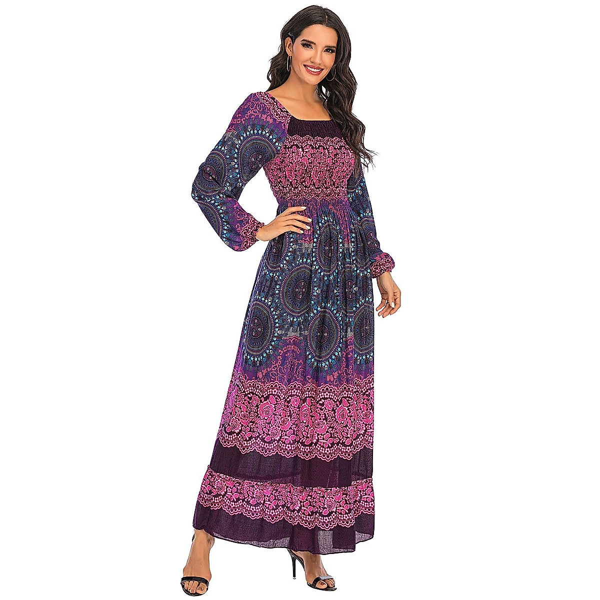 Padaleks Dresses for Women Spring Summer Trendy Ladies Casual Boho Maxi Dress Long Sleeve One Shoulder Sundress Hot Pink