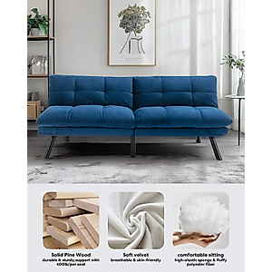 Velvet Convertible Futon Sofa Bed, 71" Comfy Loveseat Sleeper Sofa with Adjustable Backrest Armrest, Strengthen Wood, Thick Padded Cushion, Small 2 Seater Futon Couch for Living Room,Bedroom (blue)