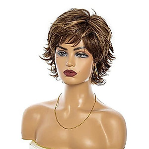 SENHORAS Short Hair Wigs for White Women Dark Brown Mixed Blonde Pixie Cut Wig with Bangs Brown with Highlights Wavy Synthetic Wig Natural Real Hair