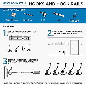 HARPOON 5 Pack Heavy Duty Three Flared Prongs Coat Hooks, Wall Mounted with 15 Screws, Retro Tri-Hook, Utility Hooks for Scarf, Bag, Towel, Key, Cap, Cup, Hat Black