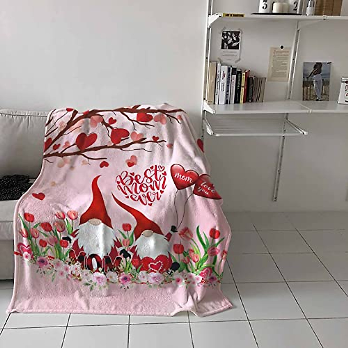 Fantasy Staring Mother's Day Throw Blanket - Best Mom Ever Gift Blanket Elf Gnomes Flowers Floral Flannel Blanket Microfiber Holiday Blanket Soft, Cozy, Comfy Throw for Sofa Couch Bed, 40 x 50 inch