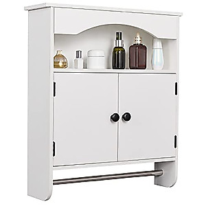 LUCYPAL Bathroom Cabinet Wall Mounted with Doors, Wooden Hanging Cabinet, Bathroom Cabinet with Towel Bar Over The Toilet, Bathroom Wall Cabinet White