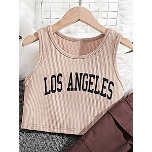 Floerns Girls 2 Piece Outfit Letter Print Rib Knit Crop Tank Top and Cargo Pants Brown 10Y