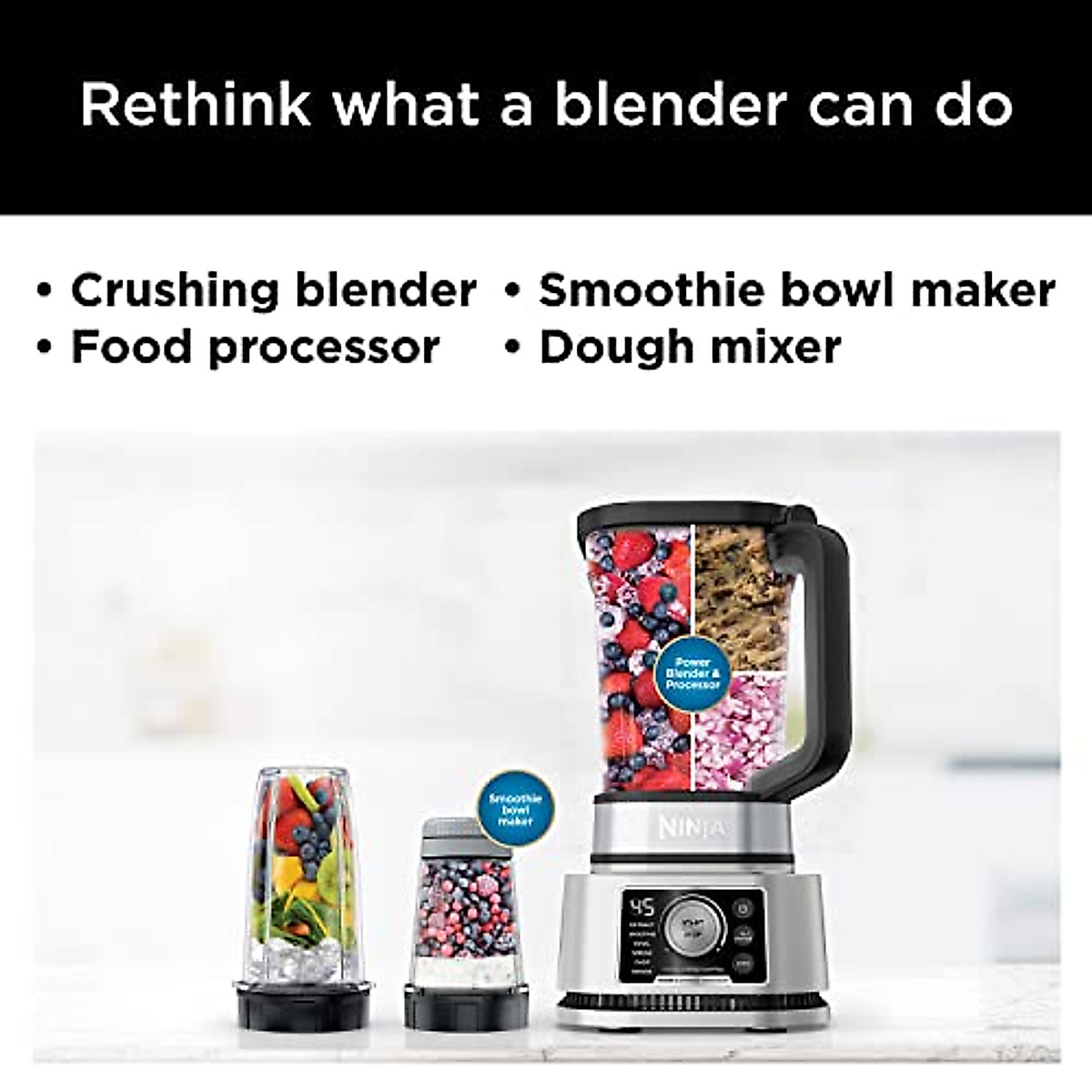 Ninja SS351 Foodi Power Blender & Processor System 1400 WP Smoothie Bowl Maker & Nutrient Extractor* 6 Functions for Bowls, Spreads, Dough & More, smartTORQUE, 72-oz.** Pitcher & To-Go Cups, Silver