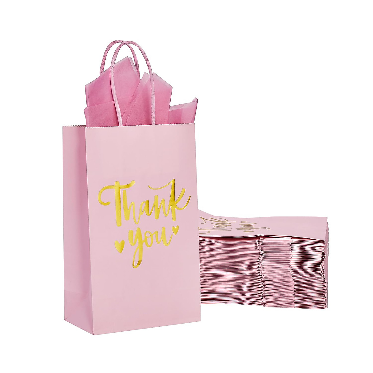 DjinnGlory 50 Pack Small Pink & Gold Foil Thank You Paper Gift Bags with Handles 9''x5.5''x3.15'' and 50 Tissue Paper for Mother's Day Wedding Bridal Baby Shower Birthday Princess Party Supplies