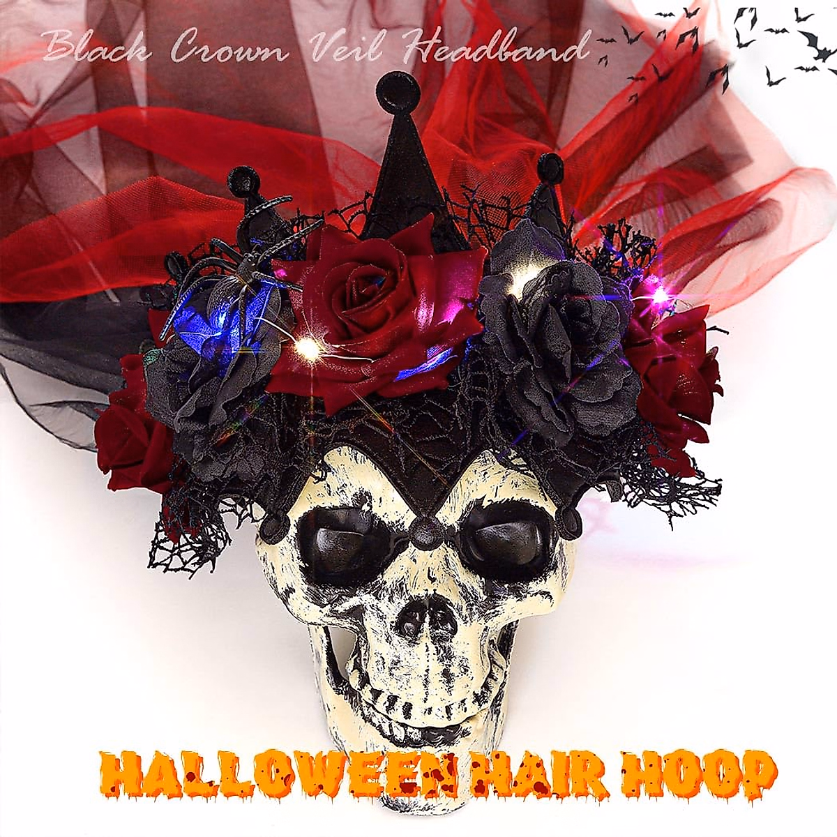 JEAIRTS Led Flower Crown Headband with Veil Day of the Dead Hair Bands Rose Mexican Floral Headpiece Gothic Costume Halloween Hair Accessories for Women and Girls