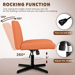 LEMBERI Fabric Padded Desk Chair No Wheels, Armless Wide Swivel Home Office Desk Chair,120° Rocking Mid Back Ergonomic Computer Task Vanity Chair for Office, Home, Make Up,Small Space (Brown)
