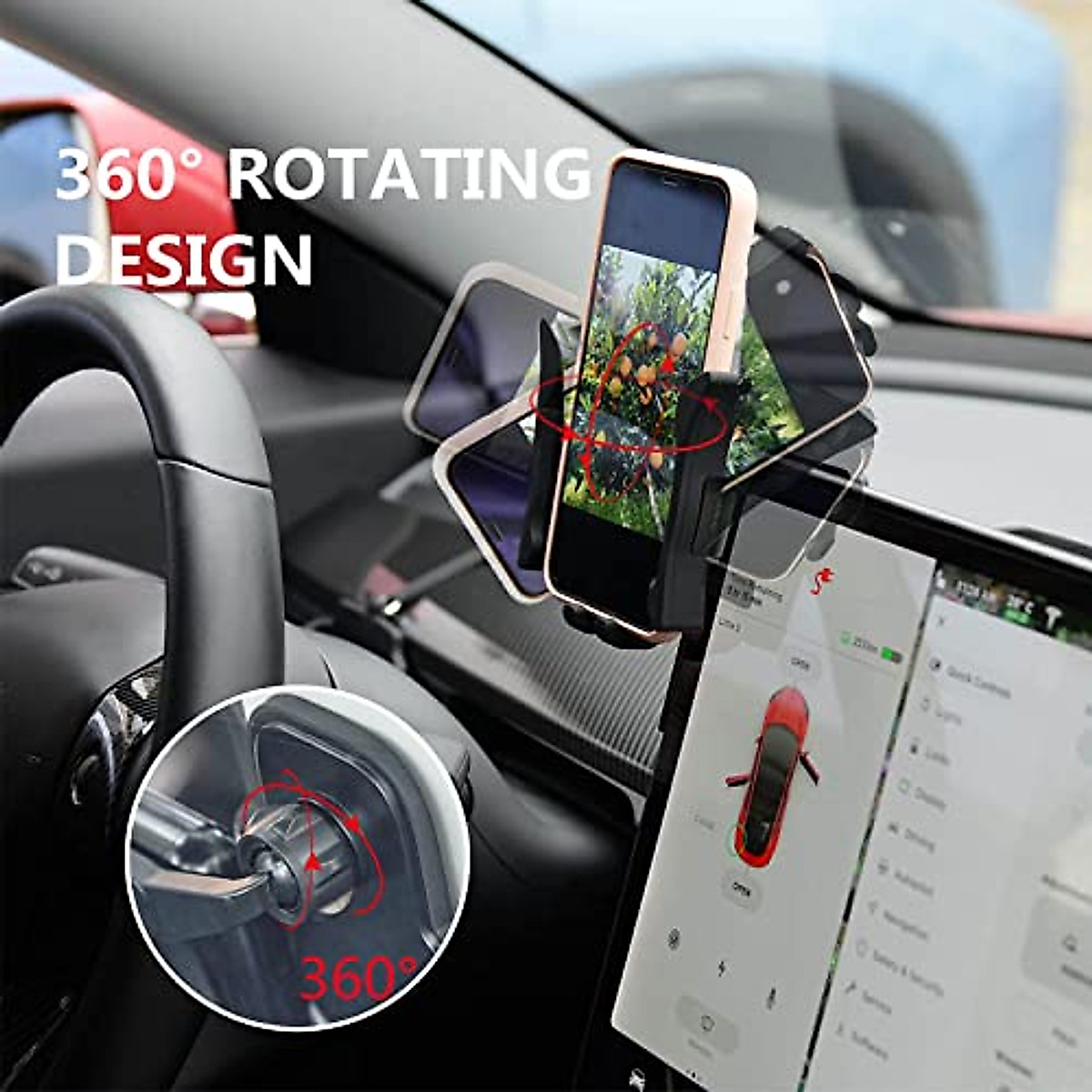 TSELLER for Tesla Model Y Model 3 Phone Holder Cell Phone Mount Silence Screen Phone Cradle Kits Adaptive for 5.5-7.0" Smartphones Accessories with Silicone Sunglasses Organizer