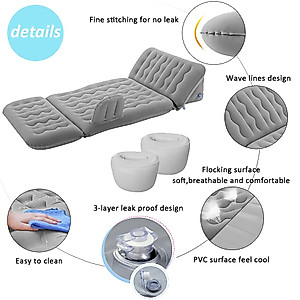 Dufominc Inflatable Car Air Mattress Travel Bed - 6 in 1 Thickened Car Camping Mattress Sleeping Pad with Electric Air Pump & 2 Pillows for Home SUV Sedan Pickup Backseat Couch Tent - Grey