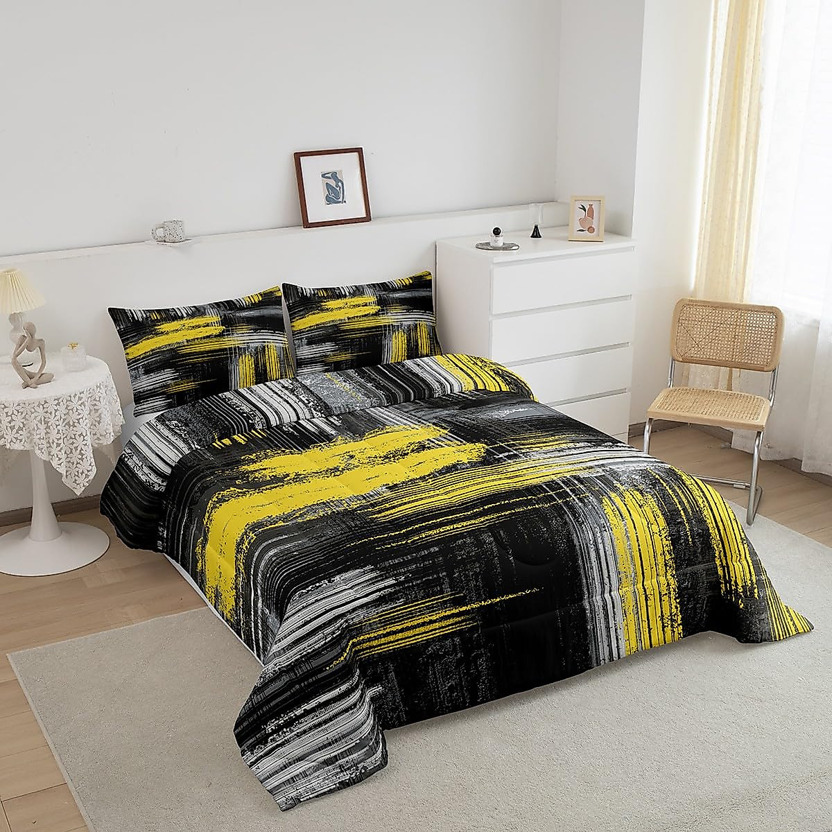 Feelyou Yellow Black and Grey Bedding Set King Size, Abstract Yellow and Black Comforter Geometric Artistic Smear Comforter Set for Kids Abstract Graffiti Art Duvet Set Microfiber Quilt Set King Size