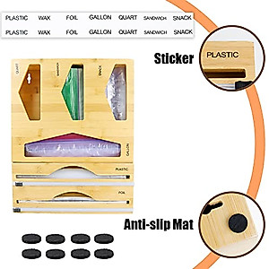 BIBIELF Bag Storage Organizer for Kitchen Drawer, Bamboo Ziplock Bag Storage Organizer Aluminum Foil with Cutter, Wall-mount Plastic Bag Storage Holder for Kitchen Drawer Wall Cabinet