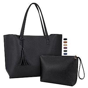 Tote Bag for Women Leather Purses and Handbags Tassel Shoulder Bag Purse Set 2pcs (Black)