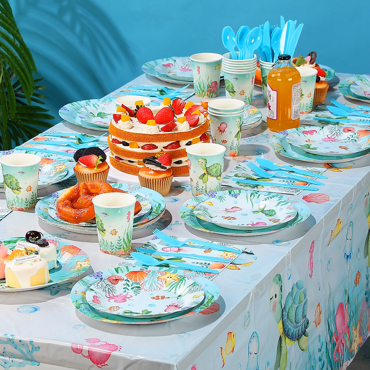 Libima 166 Pcs Sea Turtle Birthday Party Decorations Under the Sea Party Tableware Set Ocean Turtle Backdrop Banner with Blue Balloons Arch Garland Kit for Underwater Animal Baby Shower Party Supplies