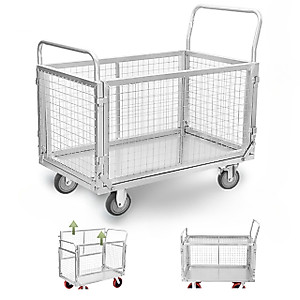 Platform Truck Cart with Cage Heavy-Duty Hand Cart 1600 lb Capacity Commercial Multi-Use Silent Durable Wheels Easy to Clean for Industrial Warehouse Supermarket Medical Facilities