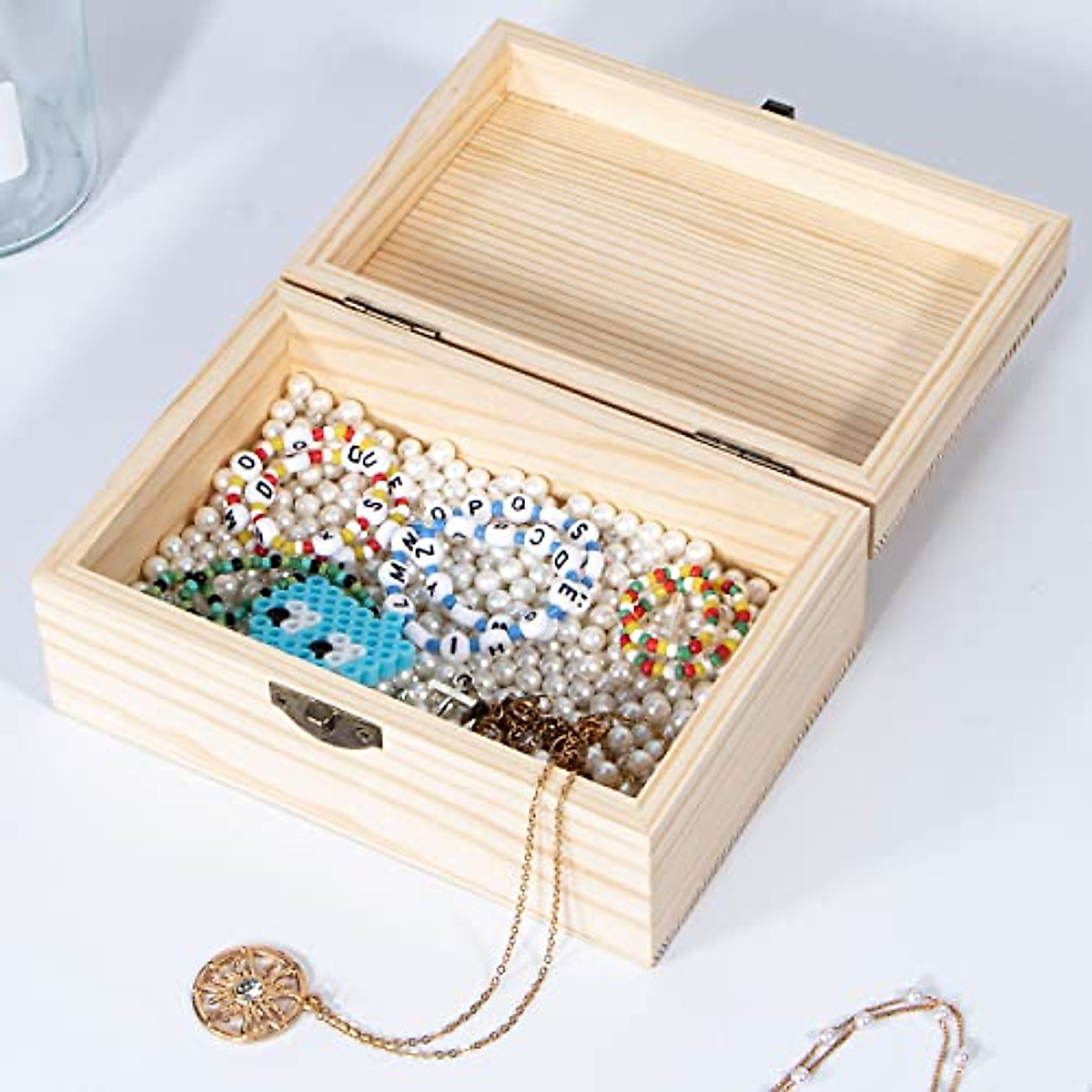 Unfinished Wood Box, Dedoot 4 Pack 5.9x2.93x2.55 Inches Small Wood Craft Box with Locking Clasp Rectangle Wood Gift Box Organizer for Jewelry Artist Tool and Brush Storage Box