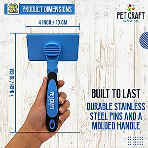 Pet Craft Supply Self Cleaning Grooming Slicker Pet Brush for Cats and Dogs Short Long Haired Fur Small Medium Large Metal Pin Bristle Comb Undercoat DeShedding DeMatting Detangler Puppy Kitten Blue