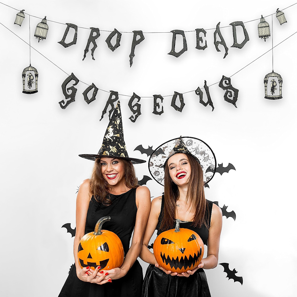 Cheerland Glitter Black Drop Dead Gorgeous Halloween Crow Cage Theme Banner for Gothic Halloween Hanging Decorations Raven Bird and Cage Garland for Horror Birthday Bridal Shower Party Supplies