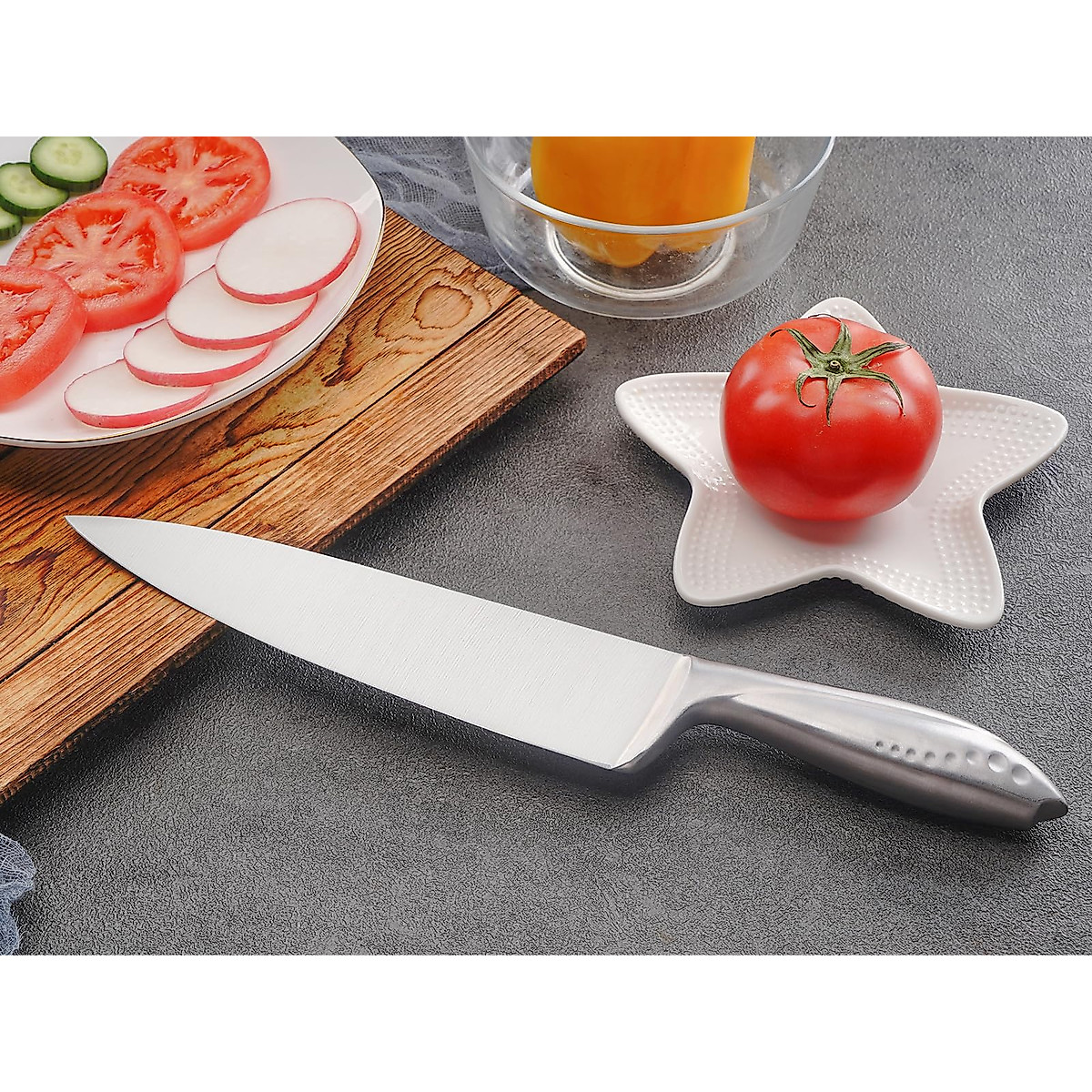 Hollory 8 Inch Chef Knife, German High Carbon Stainless-Steel Blade and Ergonomic Comfortable Handle, Non-Stick Chef Knife for Cutting of Meat Vegetables and Fruits-Silver