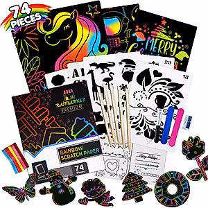 Raimarket Rainbow Scratch Paper 74 Pieces Set Scratch Art for Kids & Party Favors - Engaging Colorful Scratch Paper Kit for Children's Creative Scratch Art & Fun Crafting Toys for Girls Gifts