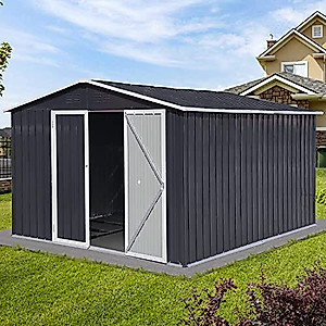 EMKK 10x8 FT Outdoor Storage Shed with Floor,Tool Garden Metal Sheds with Lockable Door,Outside Waterproof Galvanized Steel Storage House for Backyard Garden, Patio, Lawn