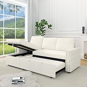 FANYE 85" W L-Shaped Reversible Sleeper Sectional Sofa Chenille Button Tufted Upholstered Corner Convertible Sofabed W/Pull Out Couch Bed and Storage Chaise, Nailhead Decor for Living Room