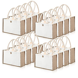 16 Pieces Jute Burlap Totes Bulk Jute Tote Bags Reusable Blank Burlap Shopping Bags with Handles for Bridesmaid Wedding Bachelorette Party Travel Beach DIY, 12.6 x 5.1 x 8.3 Inches