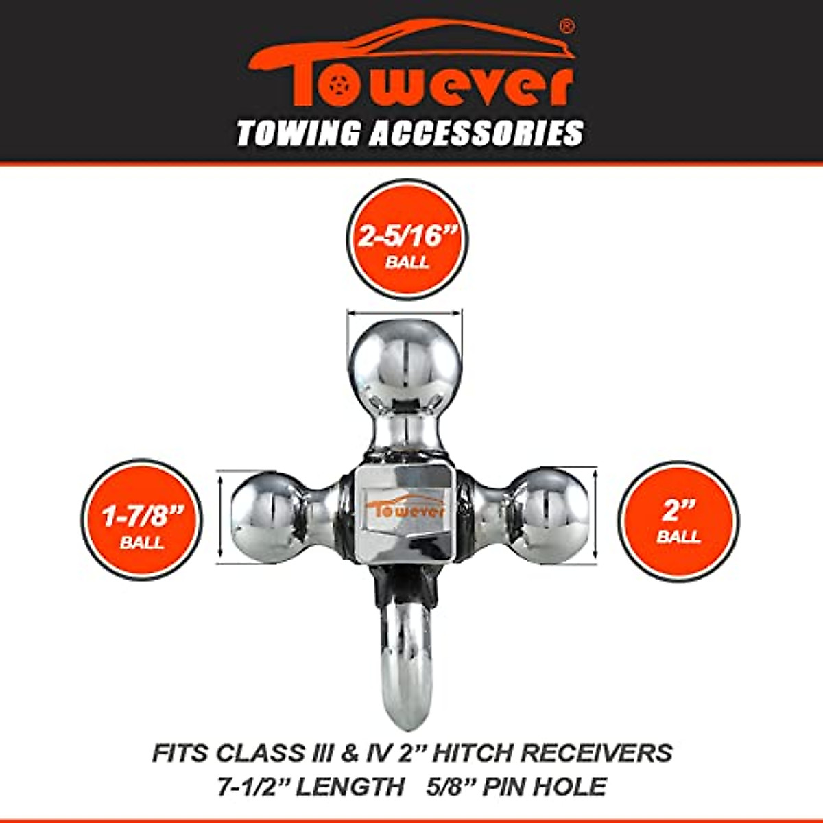 Towever 84180P 2 inch Trailer Hitch Ball, Towing Tri Ball Mounts with Hook and Pin, Fits for 2 inch Tow Hitch Receiver