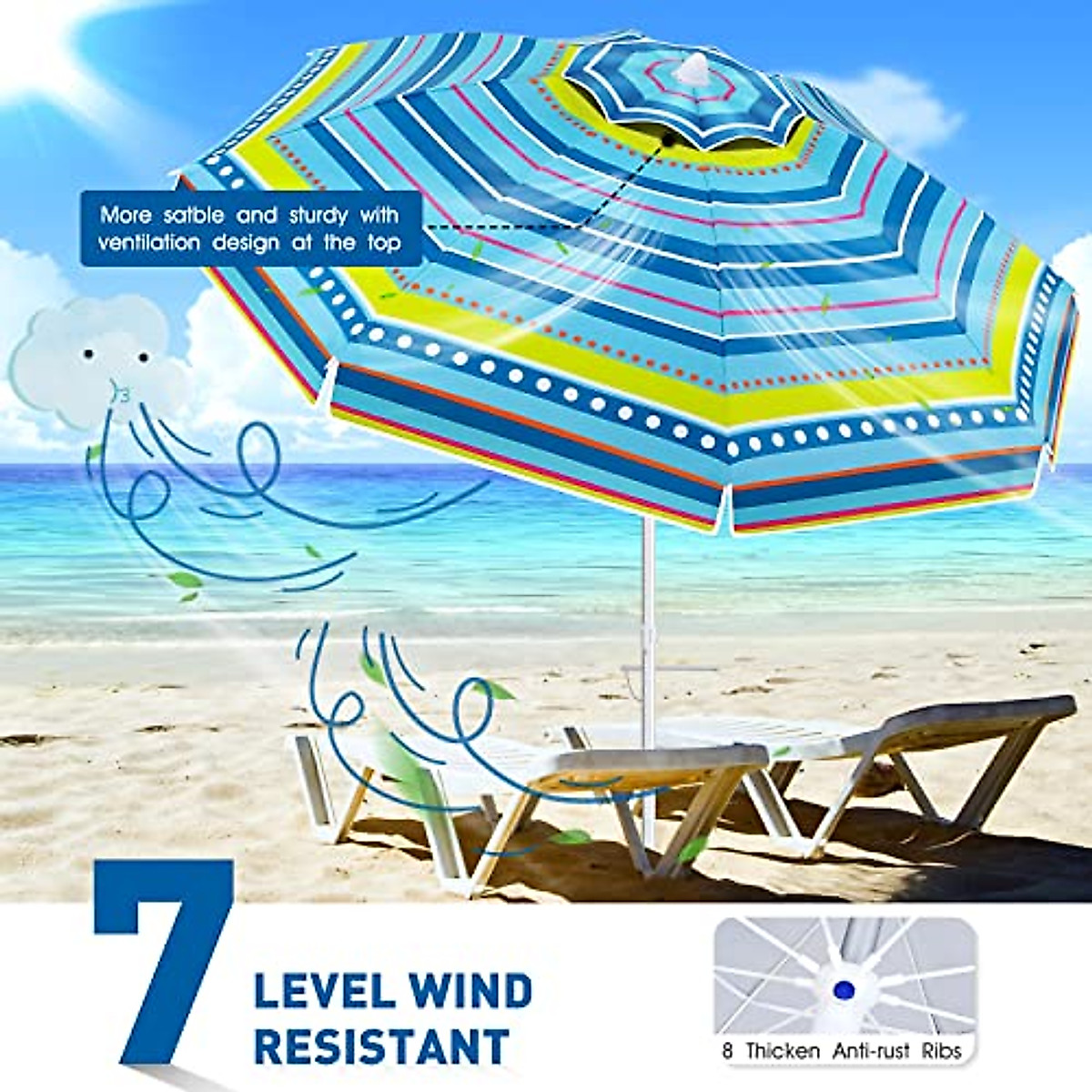 FEFLO Beach Sand Umbrella Portable Outdoor: 7ft Arc Length 6.5ft Diameter Large Striped Heavy Duty Wind Proof UV 50+ Parasol with Anchor Adjustable Tilt Pole 8 Ribs Carry Bag Lightweight