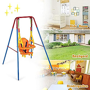 Costzon Toddler Swing Set, Outdoor A-Frame Swing for Backyard with Safety Harness and Handrails, Swing Stand Frame with Anti-Rust Frame for Outdoor Garden Backyard Kindergarten (Swing with Handrails)