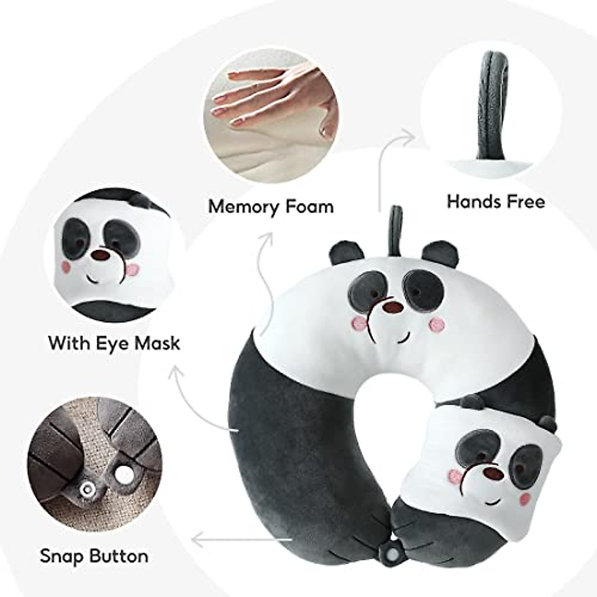MINISO Travel Neck Pillow with Eye Mask, We Bare Bears Memory Foam Neck Cartoon Pillow Valentine's Day Gift for Travelling, Sleeping, Airplane, Car, Home & Office(Panda)