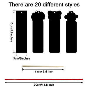 Blulu 100 Pieces 20 Styles Valentines Animal Scratch Bookmarks for Kids Magic Scratch Bookmarks DIY Bookmark Crafts with 100 Pieces Ropes and 20 Pieces Wood Stylus for Boys Girls Students Classroom