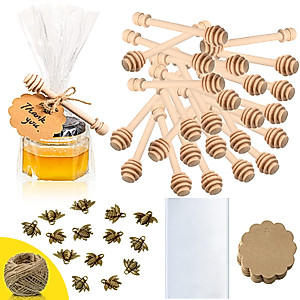Shappy 96 Pcs 4 Inch Wood Honey Dipper Sticks Set 24 Pcs Honey Dipper Sticks 24 Pcs Plastic Storage Bags 24 Pcs Kraft Paper Cards 24 Pcs Honeybee Charm Pendants with Jute Rope for Honey Jar DIY Craft