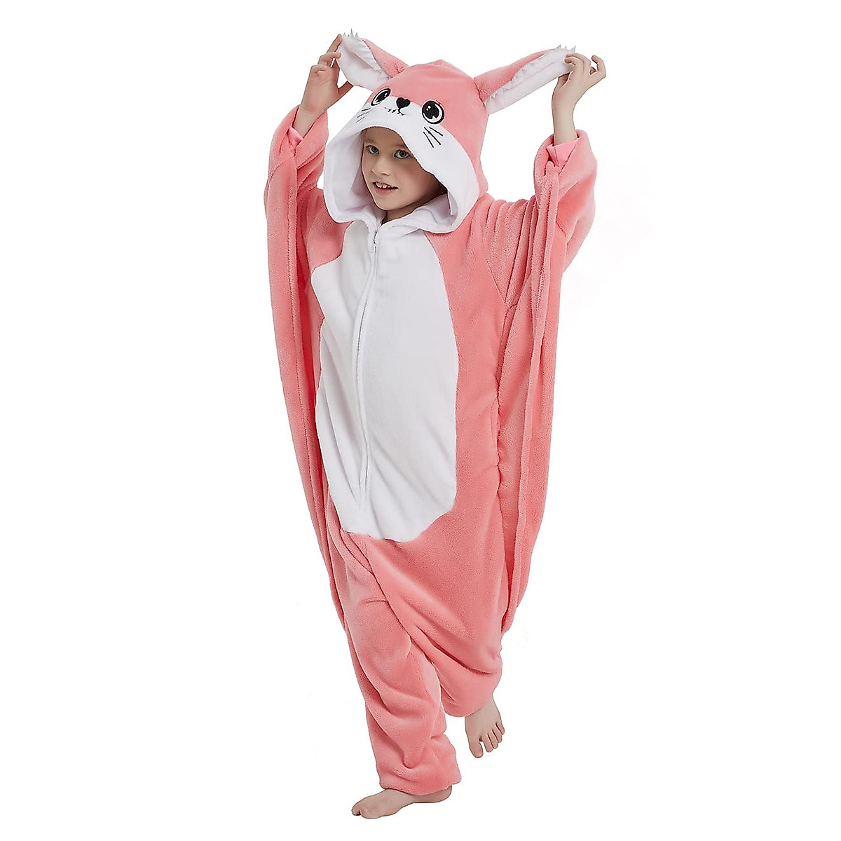 ABASACO Flying Squirrel Onesie Kids Plush Animal Costume One Piece Pajamas Girls Teen Halloween Cosplay Sleepwear Pink 10-11 Years