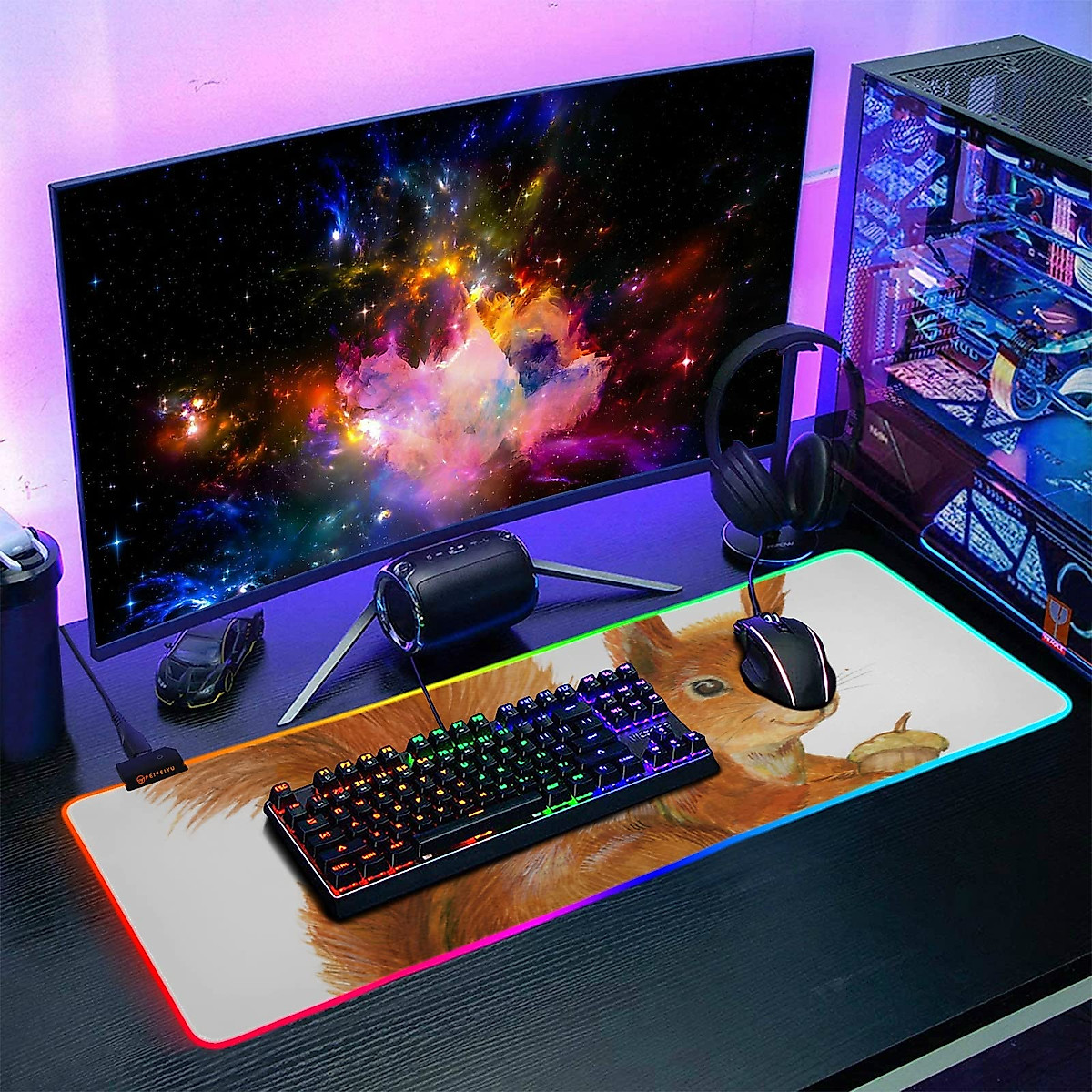 Large RGB Gaming Mouse Pad Squirrel Acorn On White Glowing Extended Mousepad 31.5x11.8in, Soft Anti-Slip Rubber Base Luminous Mouse Mat for Pc Laptop, Gaming, Office, Home