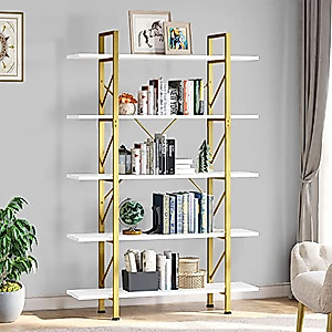YITAHOME 5-Tier Gold Bookshelf, Artsy Modern Freestanding 5 Shelf Bookcases and Bookshelves, Book Rack, Storage Rack Shelves in in Living Room Home Office, Gold & White