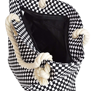 Premium Large Black & White Checkered Print Canvas Tote Shoulder Bag Handbag