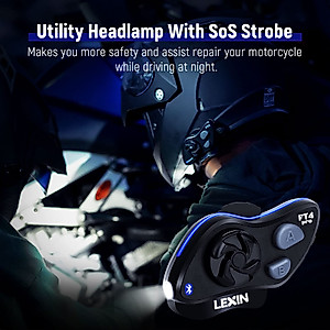 LEXIN 2pcs LX-FT4 Pro 4-Way Motorcycle Bluetooth Headset Featuring Integrated Headlamp with SoS Mode, Amazing Audio, Helmet Intercom Communication System with Type-C Quick Charge for Snowmobile/ATV
