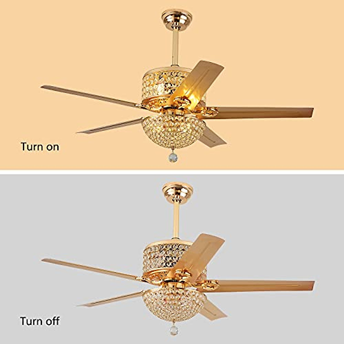 52 Inch Modern Luxurious Crystal Fan Chandelier Reversible Silent Ceiling Fan Light Three Wind Speed Adjustable with Remote Control 5 Blades Decorative Fan Light Fixture Bedroom Living Room(Gold）