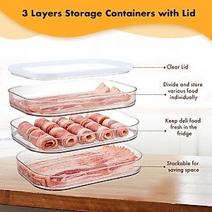 PARBEE Bacon Container for Fridge, 3 Layers Deli Meat Container, Stackable Cheese and Cold Cuts Holder Food Storage Box with Lid for Refrigerator