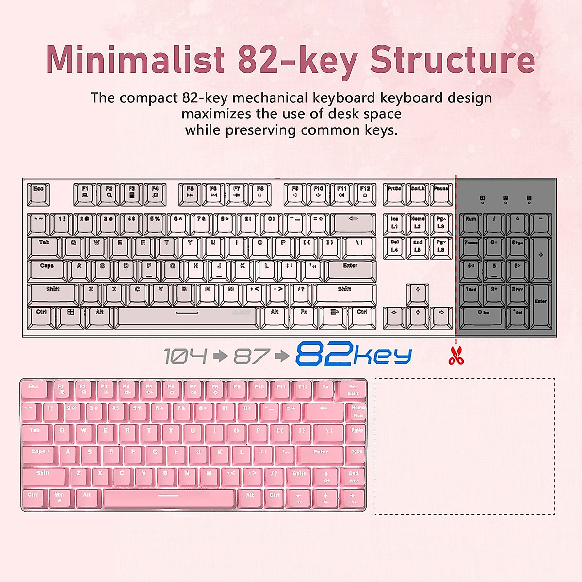 LexonElec Pink Gaming Mechanical Keyboard White Backlit 82 Keys Illuminated Type-C Wired Gaming Keyboard with Red Switches for Computer Gamers (Pink)