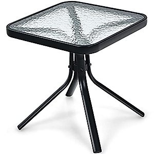 Tangkula Outdoor Bistro Table, Patio Side Table with Tempered Glass Tabletop & Steel Frame, Patio Coffee End Table for Backyard, Lawn, Garden (Black)