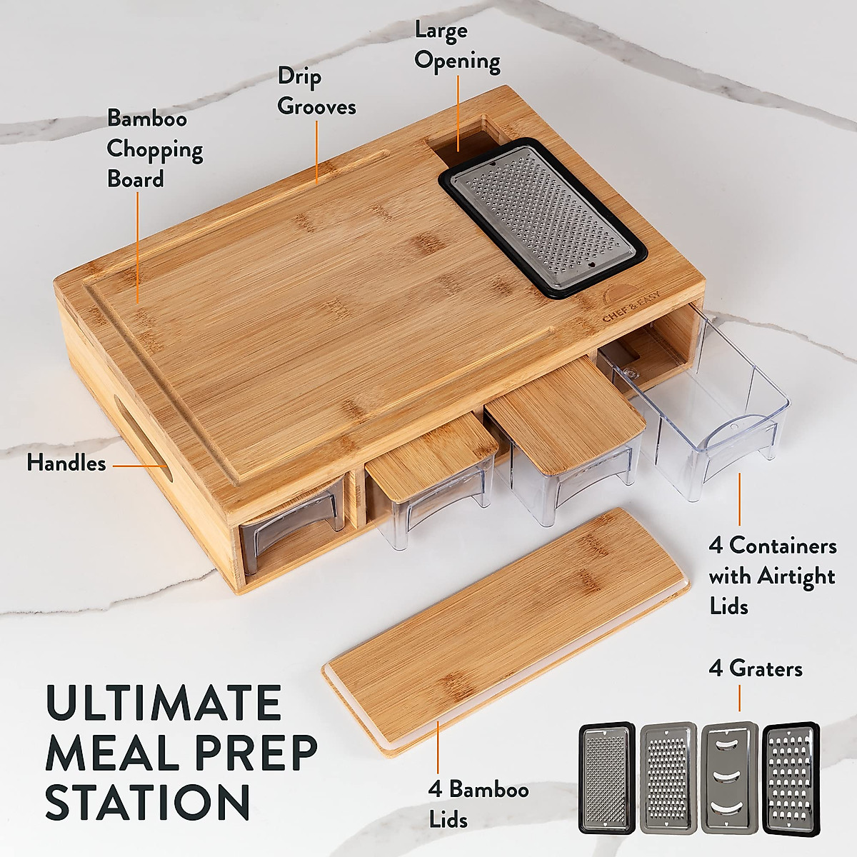 Chopping Board with Storage and Food Prep Station - Meal Prep Station, Bamboo Cutting Board with Juice Grooves, Four Containers & Assorted Graters