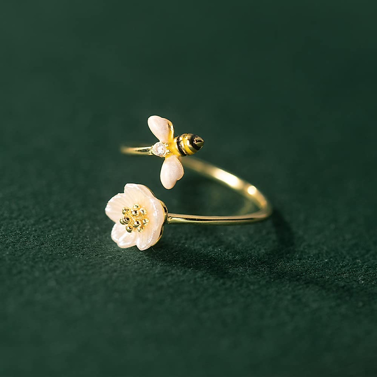 Cute Honey Bee CZ Daisy Flower Adjustable Statement Open Wrap Band Finger Rings Women Dainty Fashion 925 Sterling Silver 14K Gold Plated Animal Engagement Shell Pearl Tail Ring Delicate Jewelry Gifts Her Daughter Bff Birthday