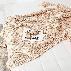 Pink Acrylic Knit Boho Throw Blanket with Tassels (51x63 inch) MH MYLUNE HOME Handmade Farmhouse Cozy Decorative Blanket for Couch, Bed, Sofa