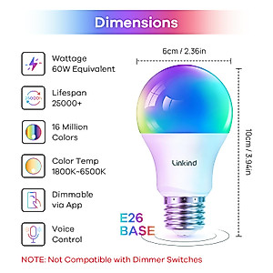 Linkind Smart Light Bulbs, Smart Bulb That Work with Alexa & Google Home, LED Light Bulbs Color Changing, A19 E26 2.4Ghz WiFi Light Bulbs Dimmable 60W,6 Pack